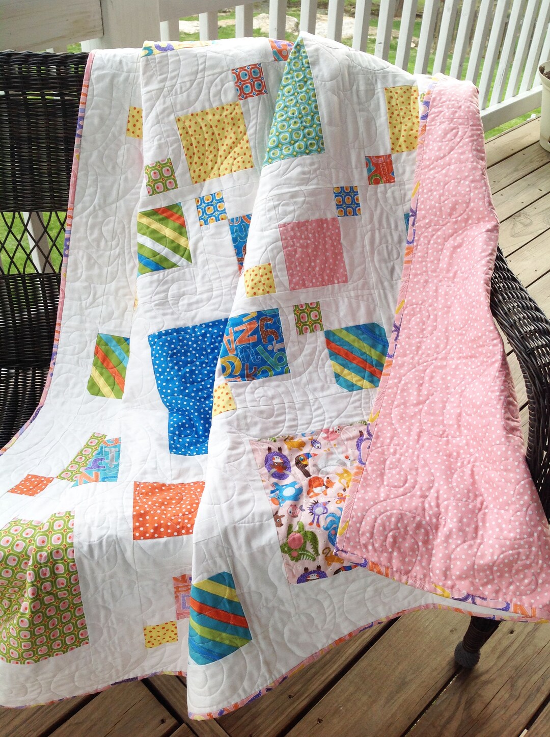 Large Baby/toddler Quilt, Silly Squares, Pink, Blue, Yellow, Green ...
