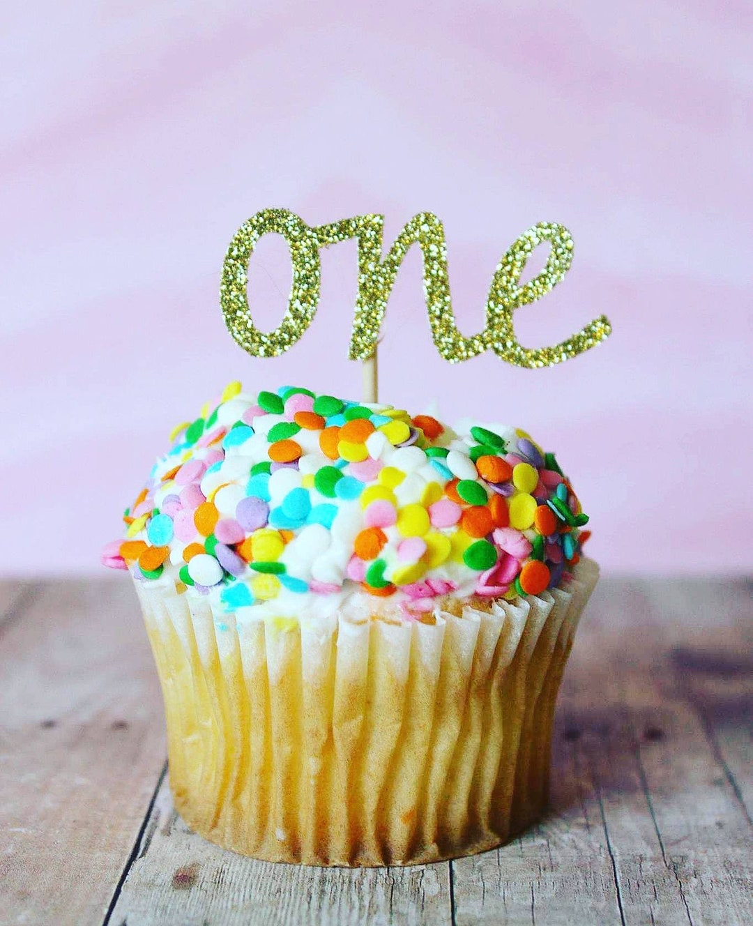Gold Script One Cupcake Topper - First Birthday Decorations (set of 12 ...