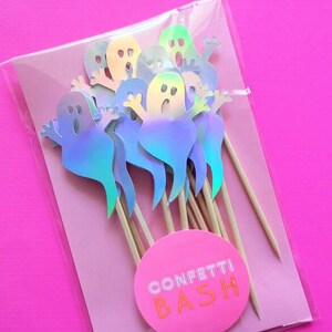 Pink Halloween. Pastel Halloween. Ghost Cupcake Toppers. Holographic ...