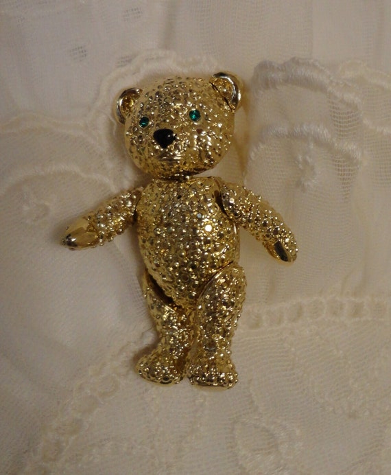 Beautiful Vintage Articulated Teddy Bear Pin Emerald … - Gem