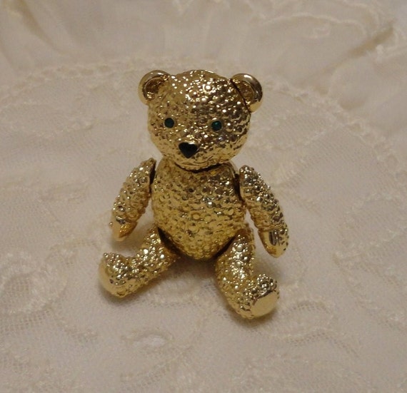 Beautiful Vintage Articulated Teddy Bear Pin Emerald … - Gem