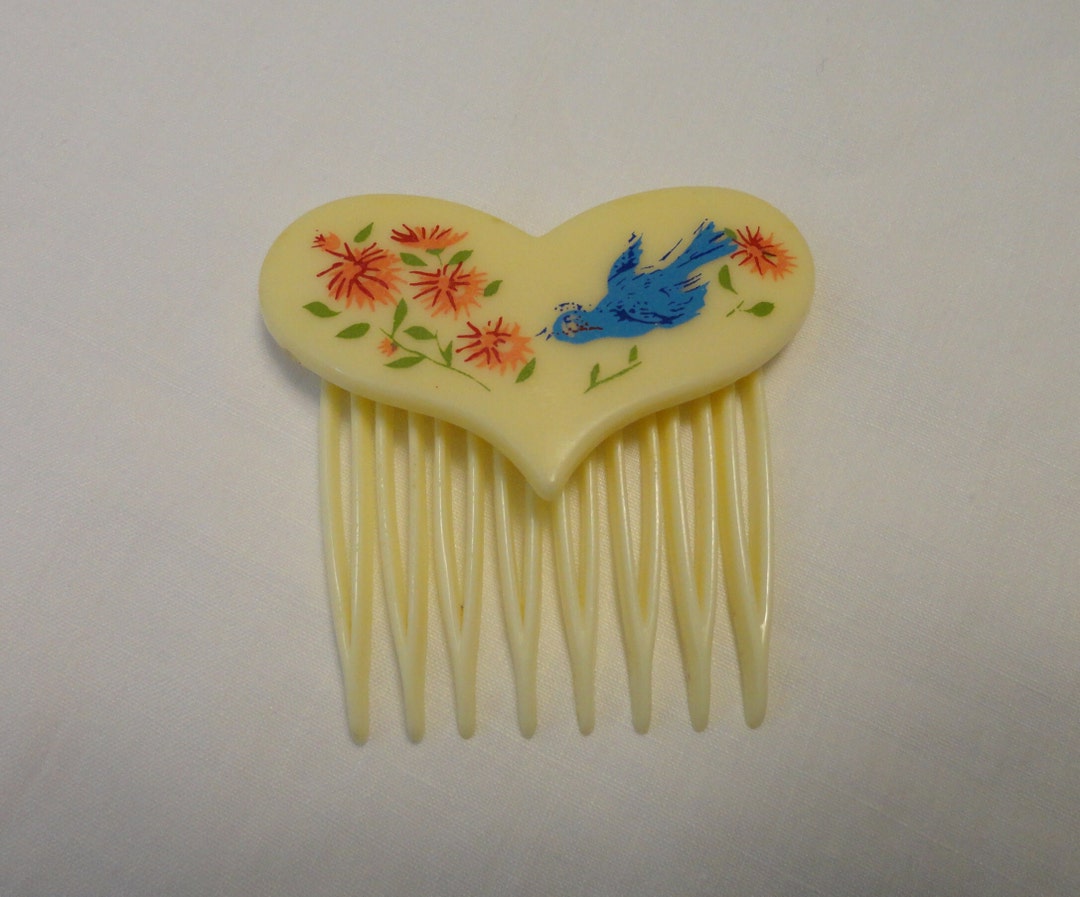 Sweet Vintage Plastic Heart Hair Comb Pale Yellow With Blue Bird & Pink ...