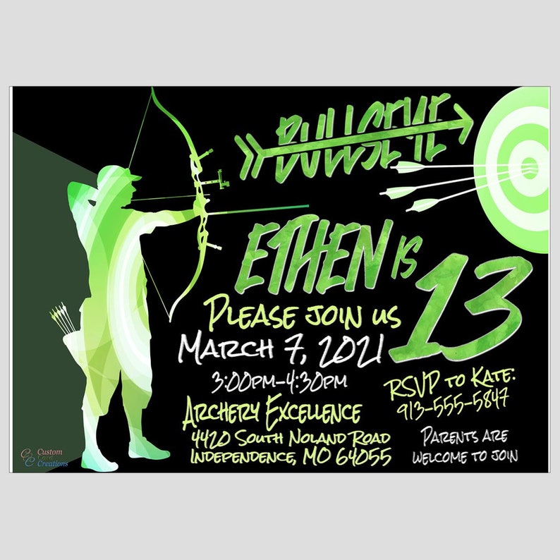 Archery Invitation; Birthday Invitation; Archery; Archer; Bow and Arrow ...