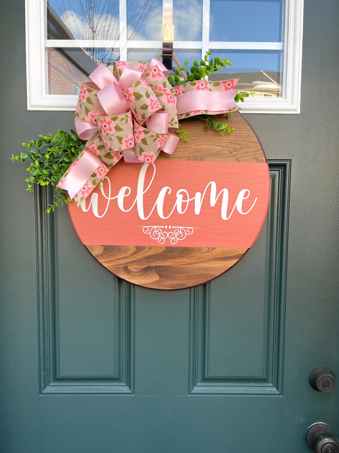 Coral Welcome Spring Door Hanger Welcome Round Welcome Door | Etsy