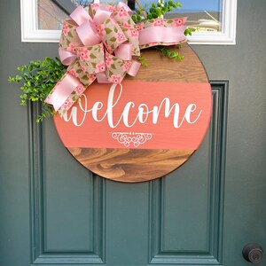 Coral Welcome Spring Door Hanger, Welcome Round, Welcome Door Sign ...