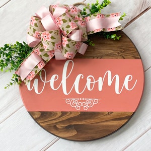 Coral Welcome Spring Door Hanger, Welcome Round, Welcome Door Sign ...