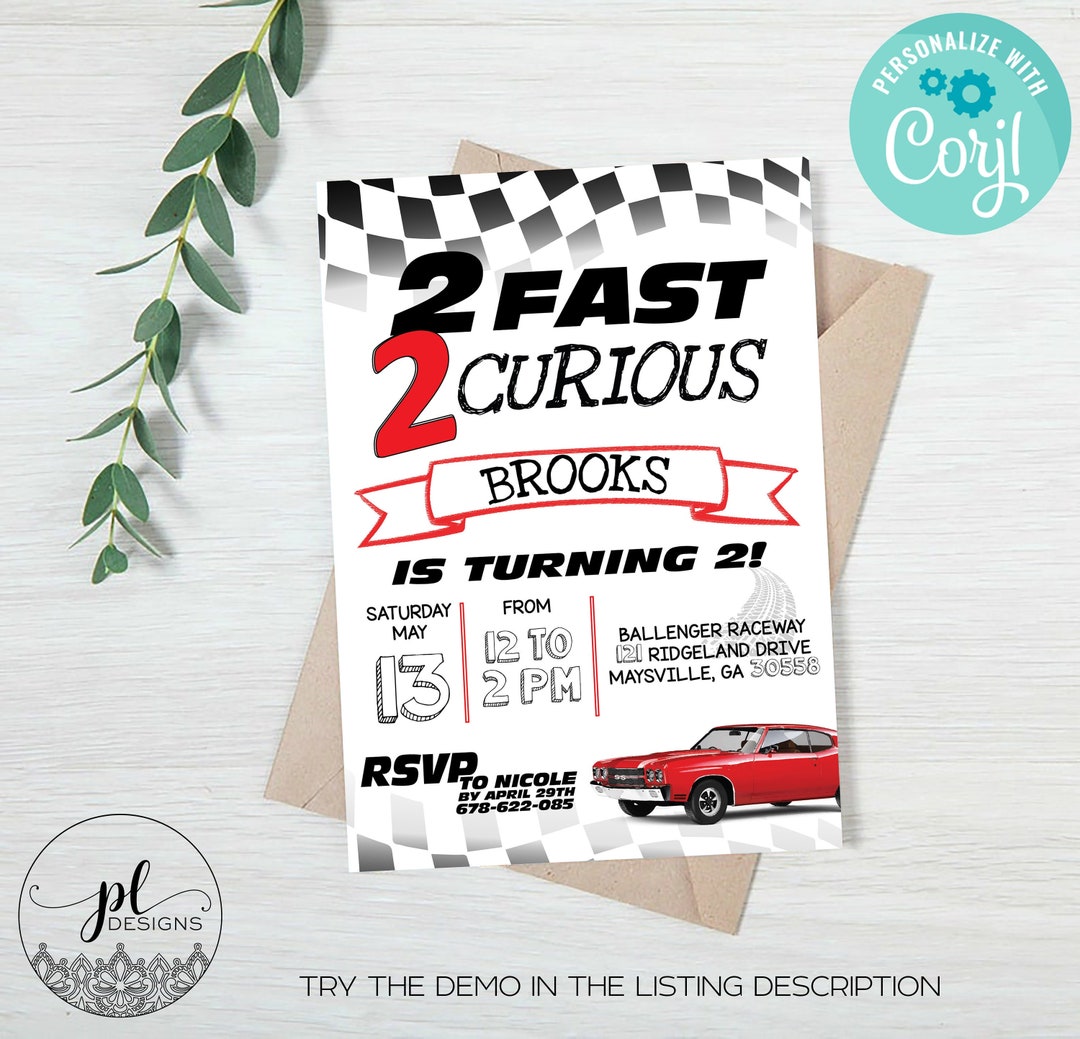 Editable Two Fast Birthday Invitation Two Fast Boy Race Car 2nd ...