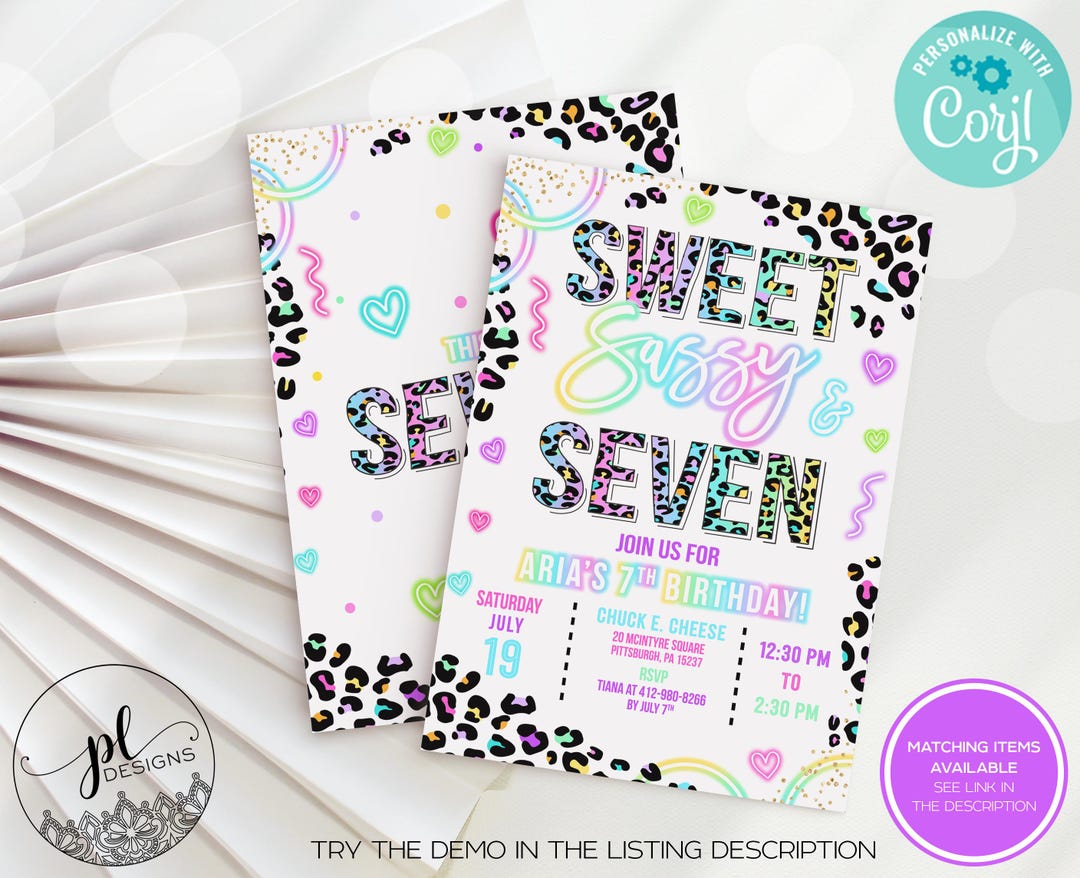 EDITABLE Sweet Sassy and Seven Invitation, Rainbow, Leopard, Neon, Glow ...