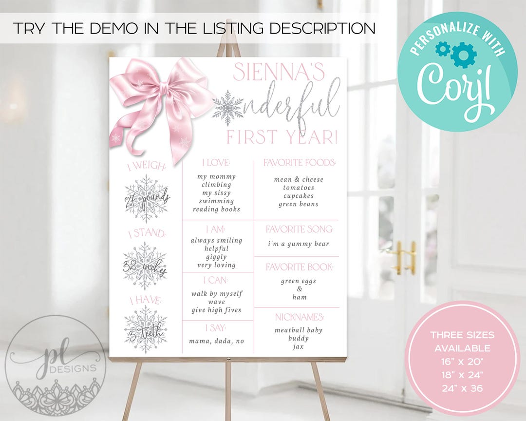 Editable Winter Onederland Milestone Board, Pink Bow First Birthday ...