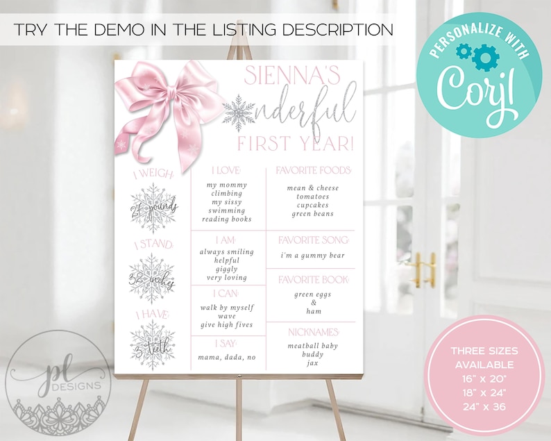 Editable Winter Onederland Milestone Board, Pink Bow First Birthday ...