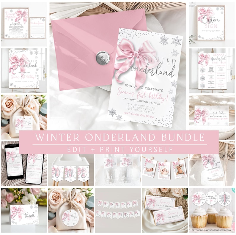 Editable Winter Onederland Milestone Board, Pink Bow First Birthday ...