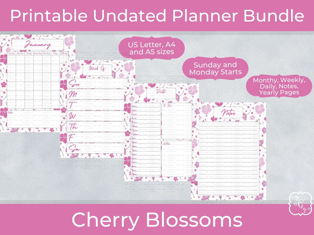 PRINTABLE Undated Floral Planner Bundle Monthly Weekly Daily Pages US ...