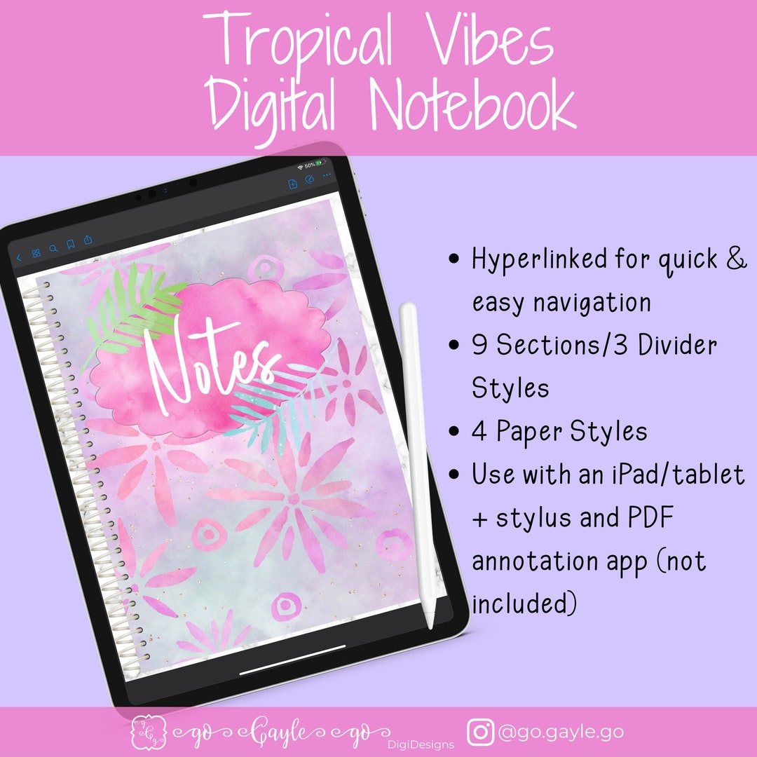 DIGITAL Notebook Hyperlinked | Tropical Vibes | 9 Subjects Tabs | for ...