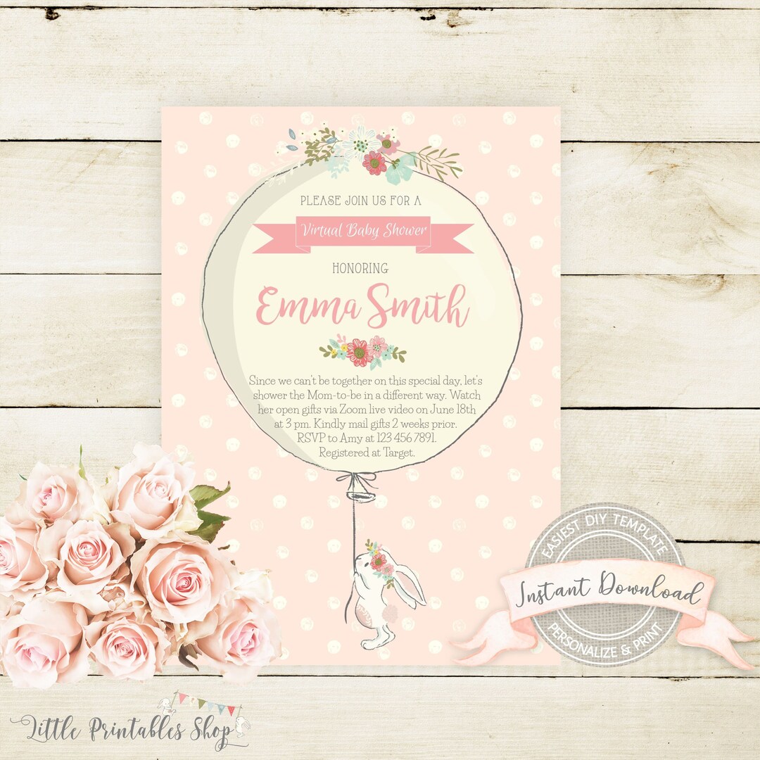 Virtual Baby Shower Invitation, Instant Download, Editable Bunny Baby ...