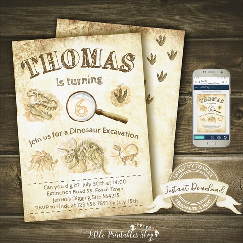 Editable Fossil Birthday Invitation Dino Dig Party Prehistoric - Etsy