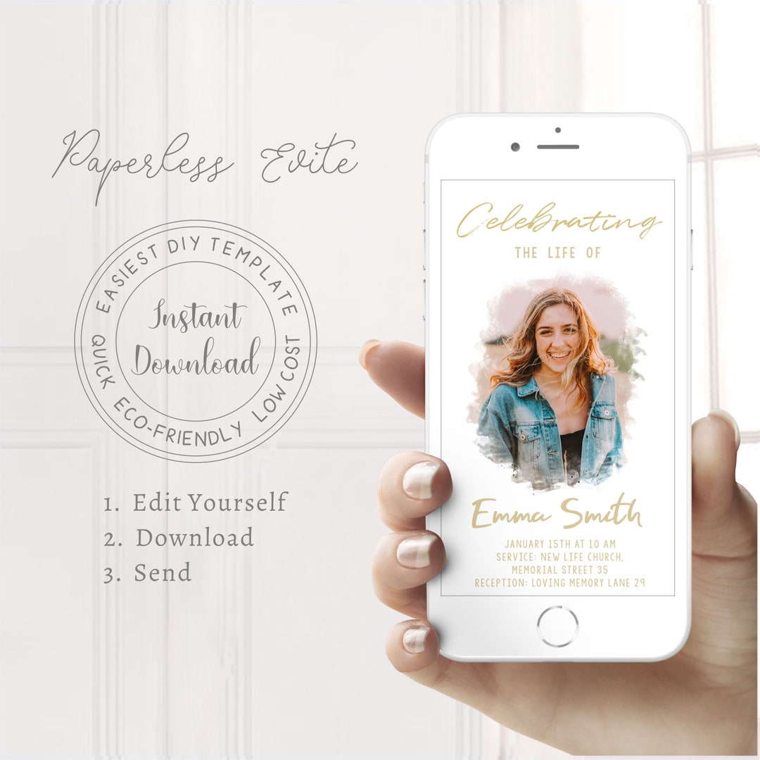 Digital Memorial Photo Invitation, Editable Phone Funeral Invite ...