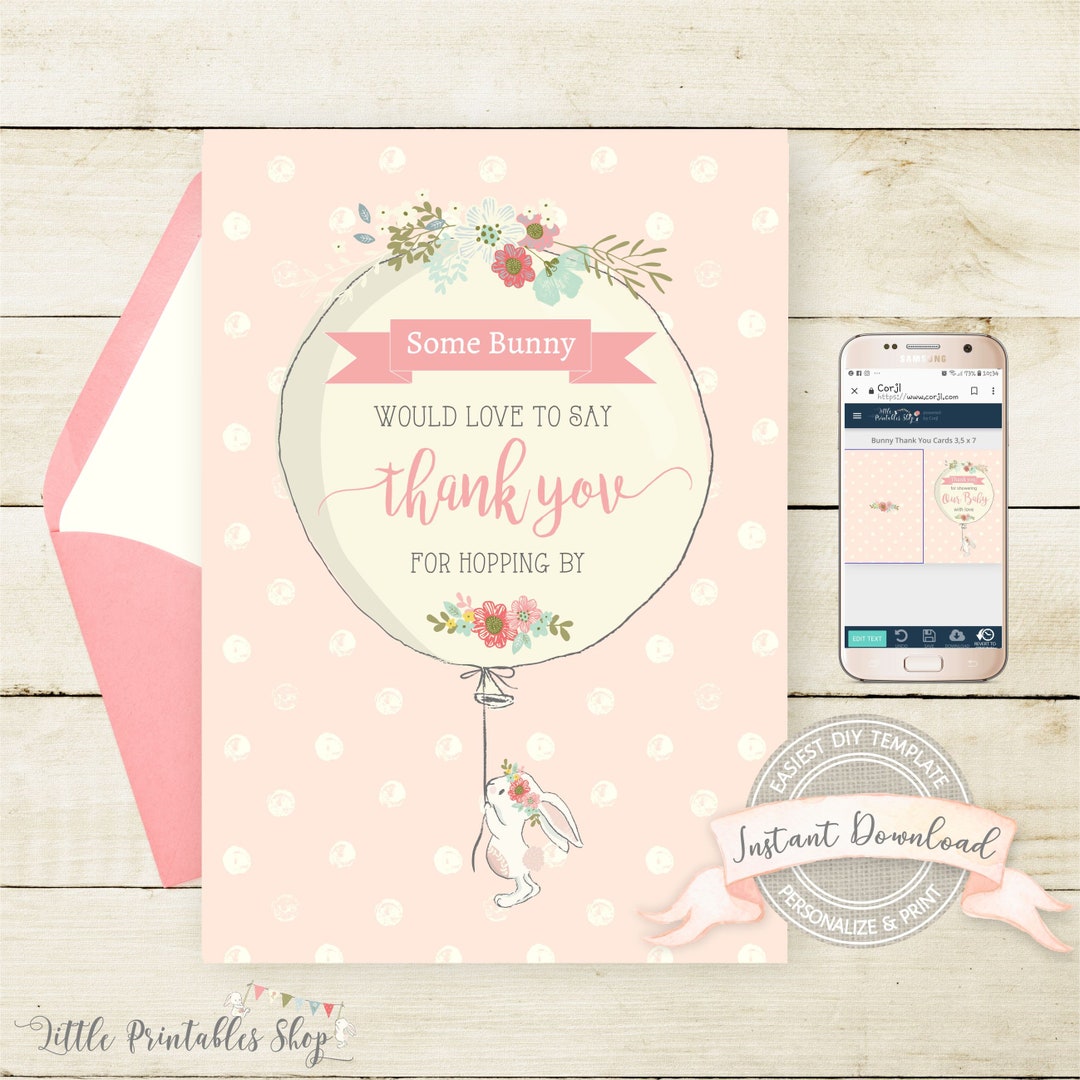 Printable Bunny Thank You Card, INSTANT DOWNLOAD, Editable by You With ...