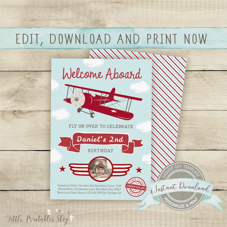 Airplane Birthday Invitation With Photo, Editable Airplane Party Invite ...