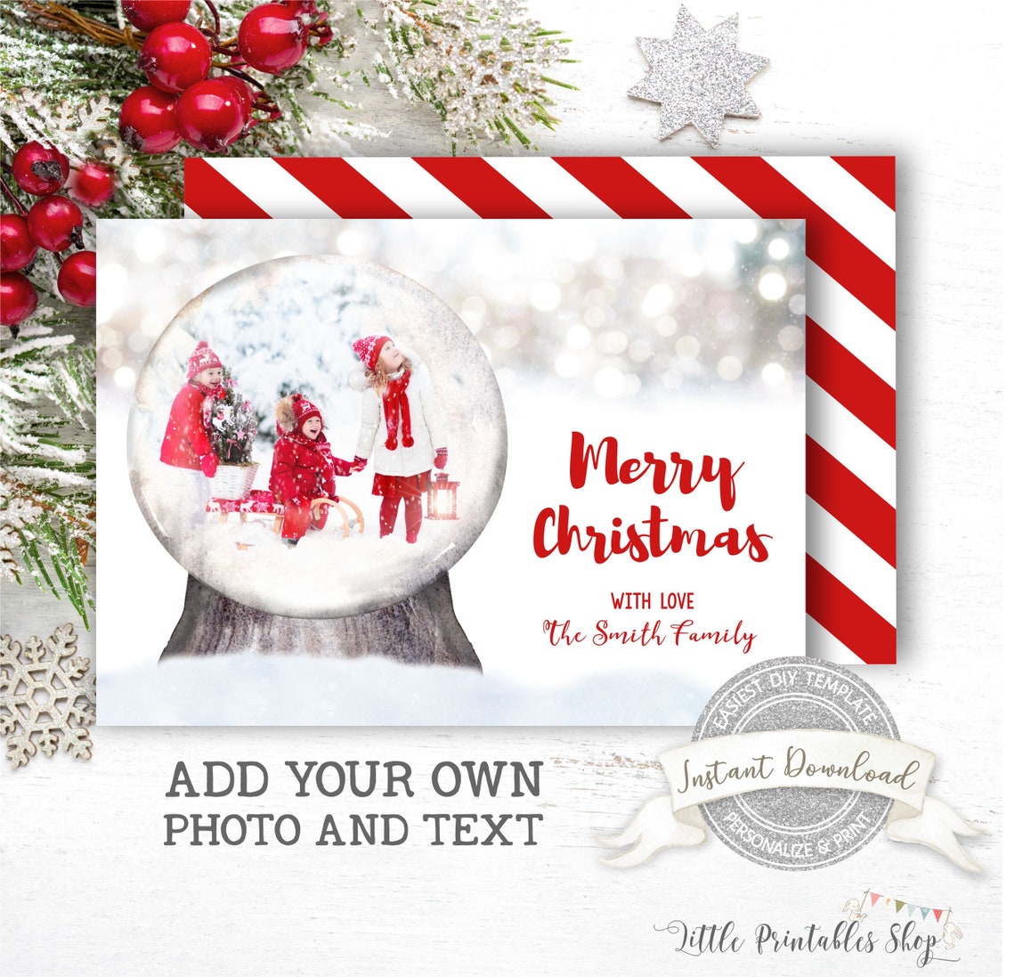 Editable Snow Globe Christmas Photo Card Printable by You - Etsy