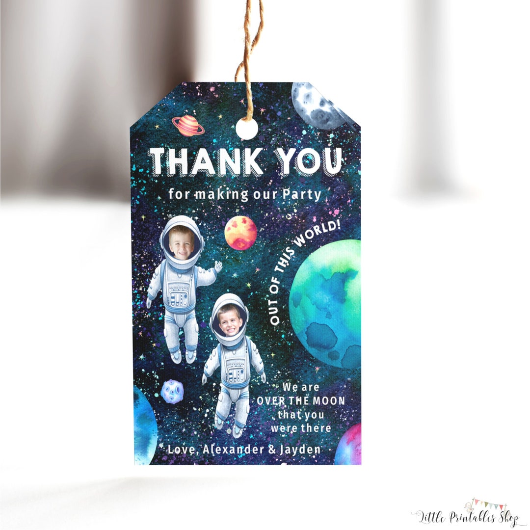 Sibling Space Thank You Tags With Photo, Printable Outer Space Party ...