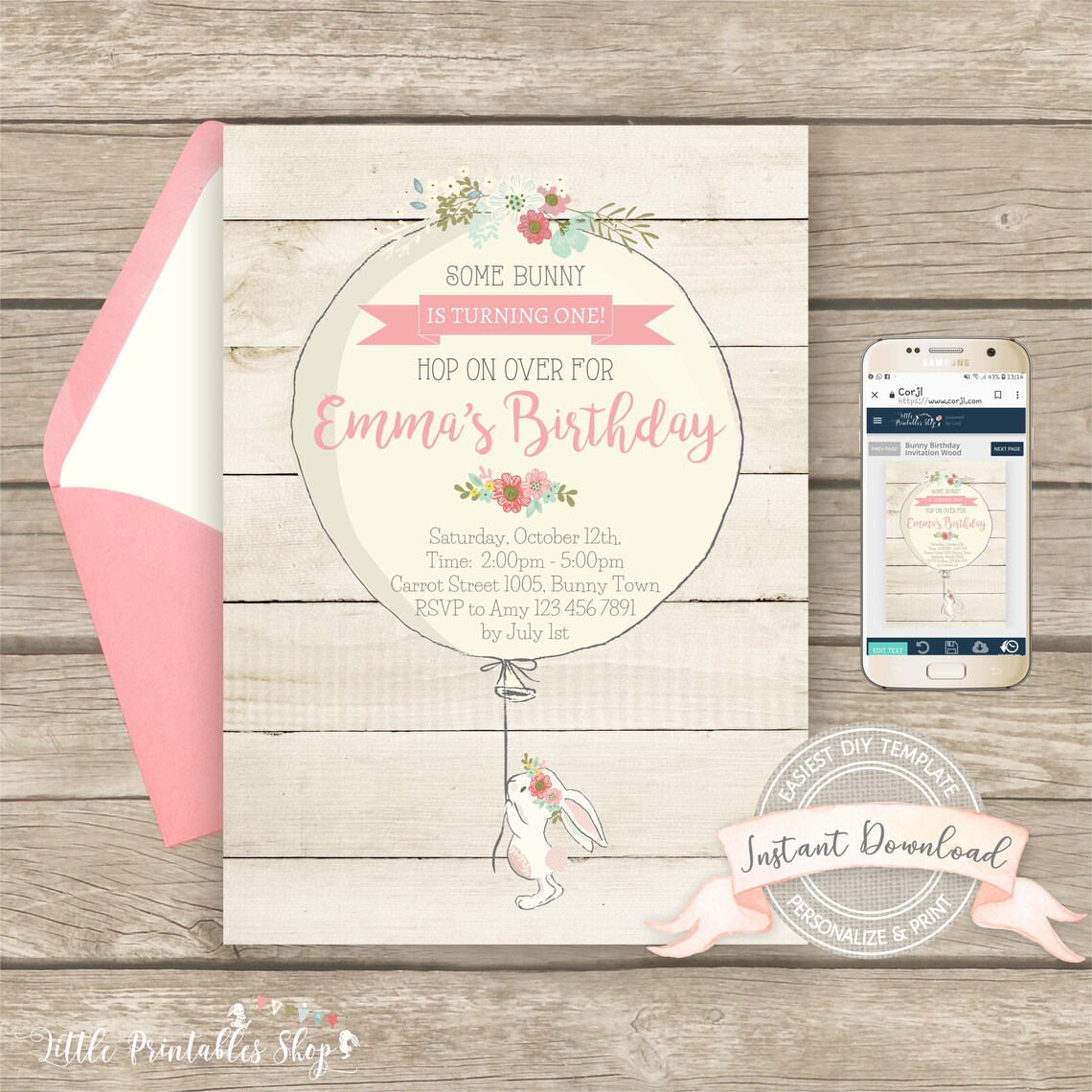 Bunny Birthday Invitation Editable and Printable by You With - Etsy