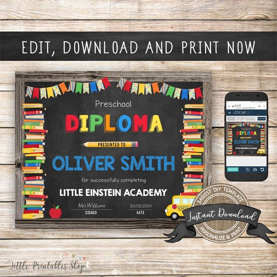 Editable Preschool Diploma, Any Grade, INSTANT DOWNLOAD, Printable ...