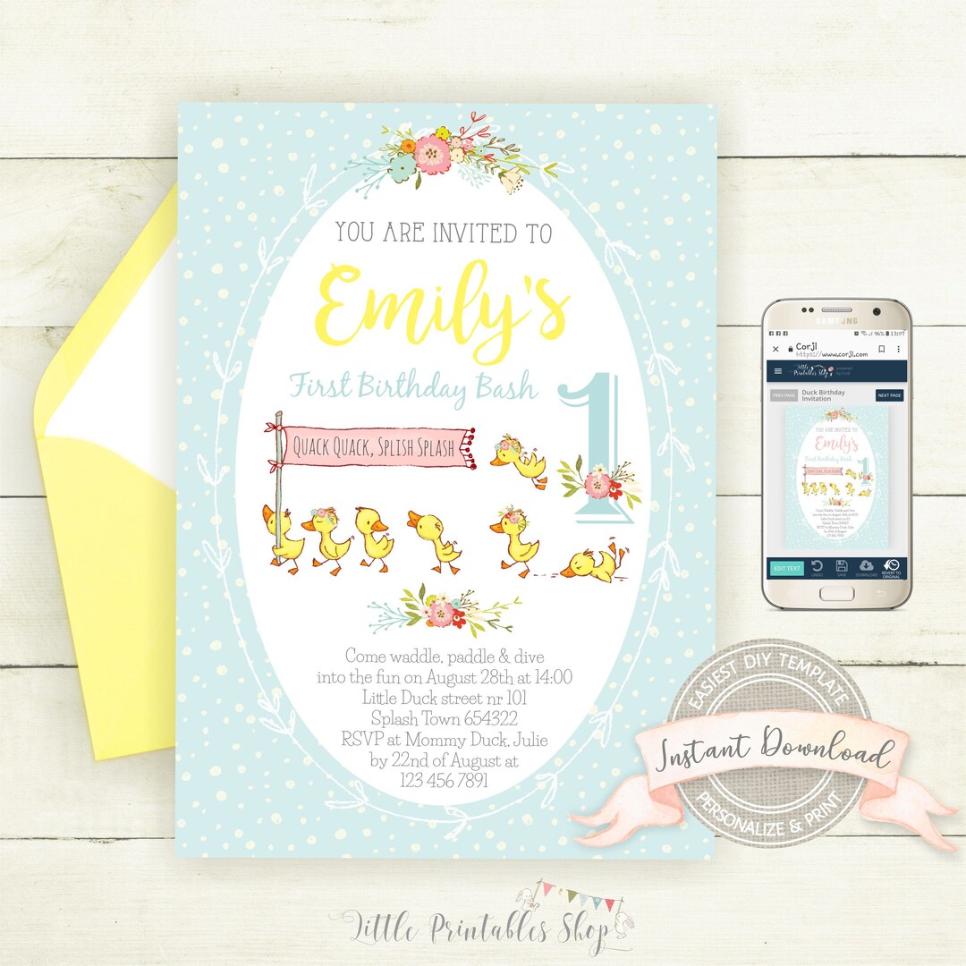 Duck Birthday Invitation for a Girl, Instant Download, Editable by You ...