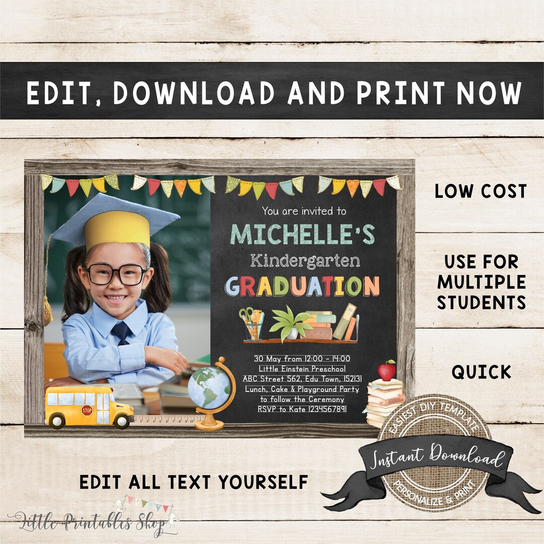 Kindergarten Graduation Invitation With Photo for a Boy or Girl ...