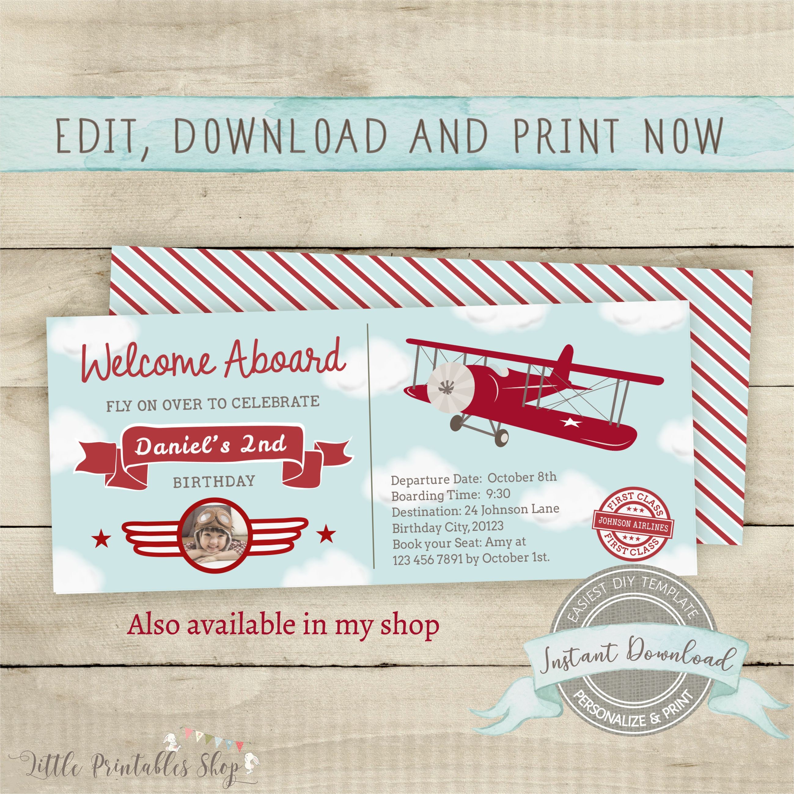 Airplane Birthday Invitation With Photo, Editable Airplane Party Invite ...