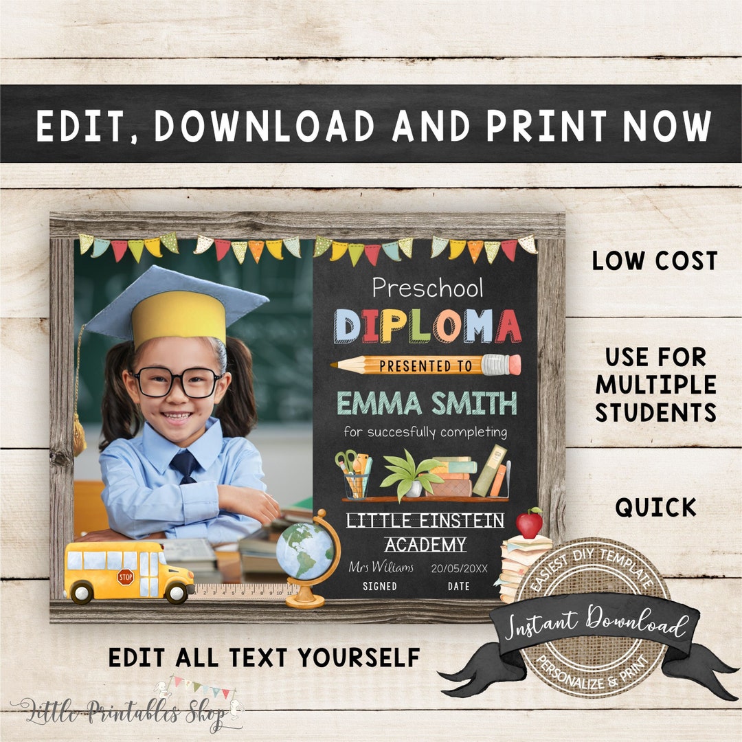 Editable Preschool Graduation Diploma With Photo, Change to Any Grade ...