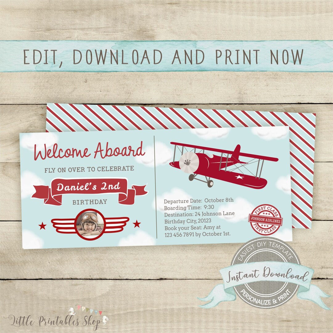Airplane Ticket Birthday Invitation With Photo: Editable Boy Party ...