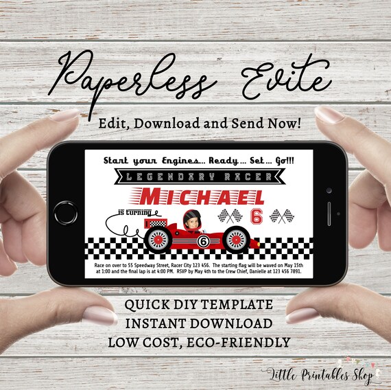Digital Race Car Birthday Photo Invitation, INSTANT DOWNLOAD, Editable ...