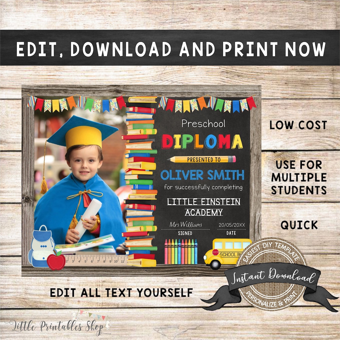 Editable Preschool Diploma With Photo, Any Grade, INSTANT DOWNLOAD ...