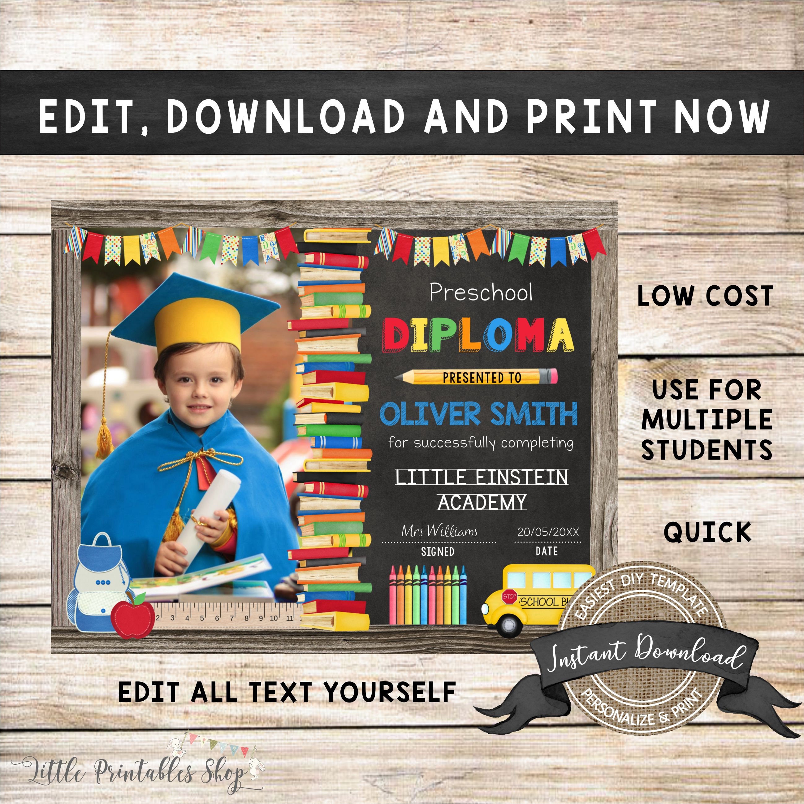 Editable Preschool Diploma With Photo, Any Grade, INSTANT DOWNLOAD ...