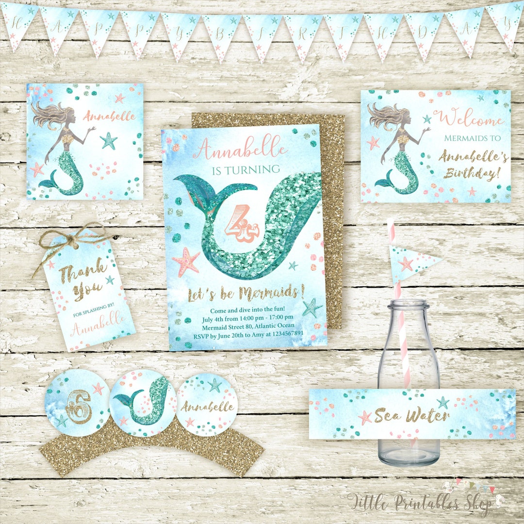 Editable Mermaid Party Bundle, Printable Mermaid Party Decor Set, DIY ...