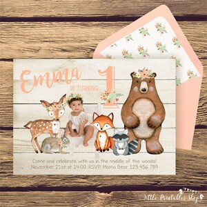 Woodland Birthday Photo Invitation, Floral Forest Animals Invite for a ...