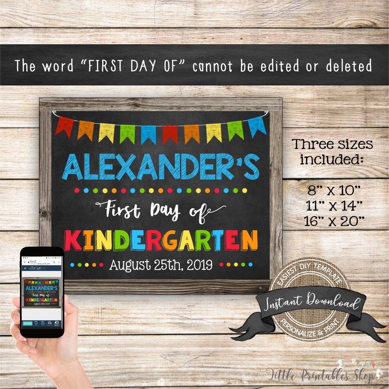 First Day of Kindergarten Sign DIY First Day of School Sign - Etsy