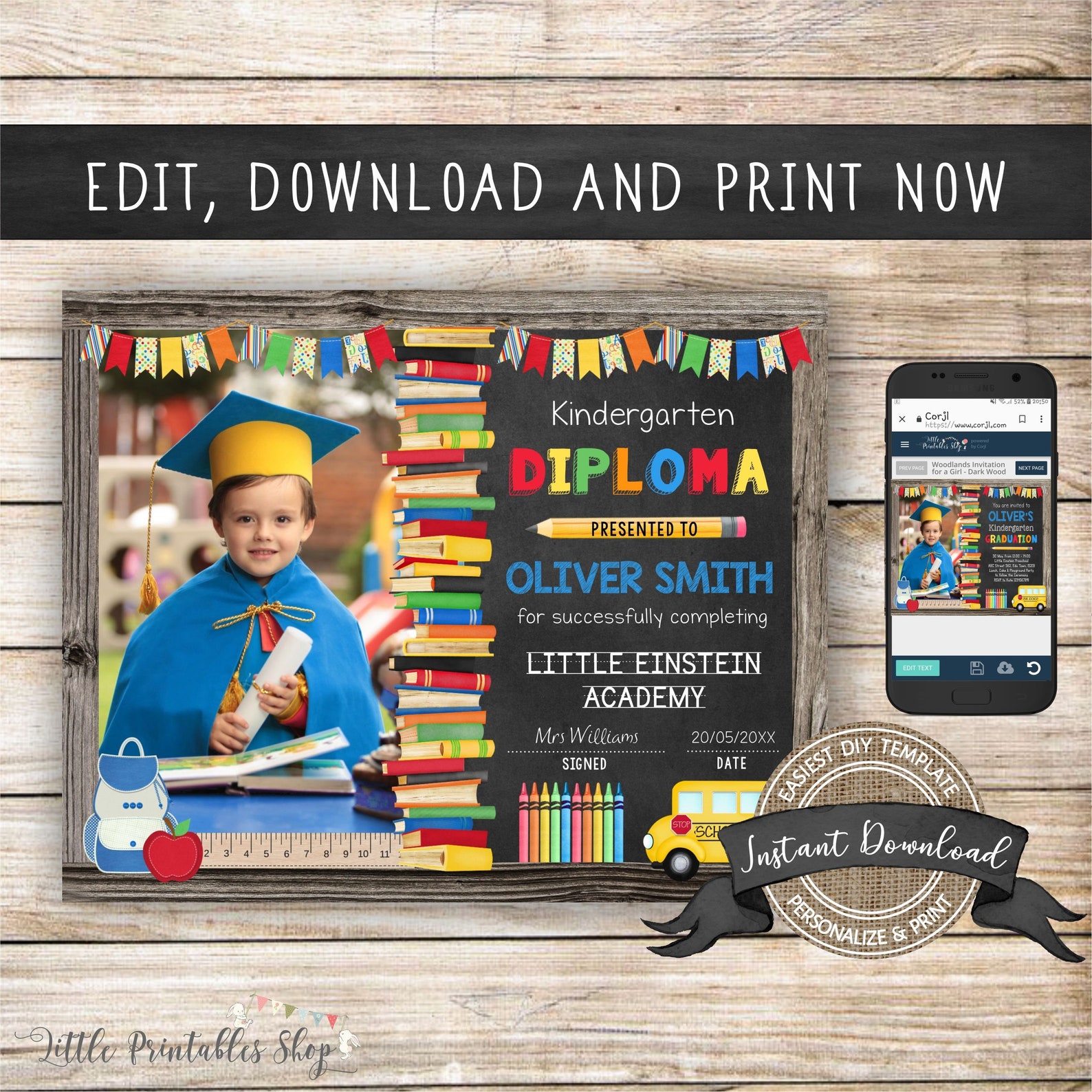 Editable Kindergarten Diploma With Photo, Any Grade, INSTANT DOWNLOAD ...