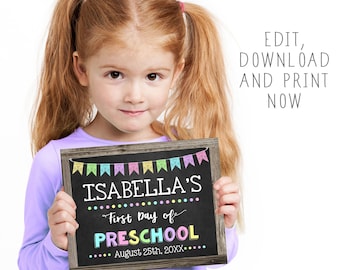 First Day of School Sign for a Girl, Editable Back to School Chalkboard ...