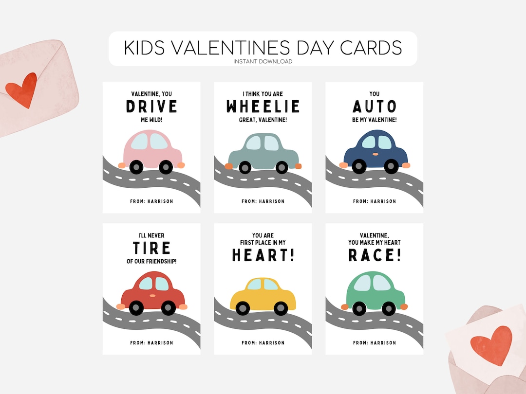 Kids Car Valentines Day Cards, Printable Valentines Day Tags, Boy Cars ...