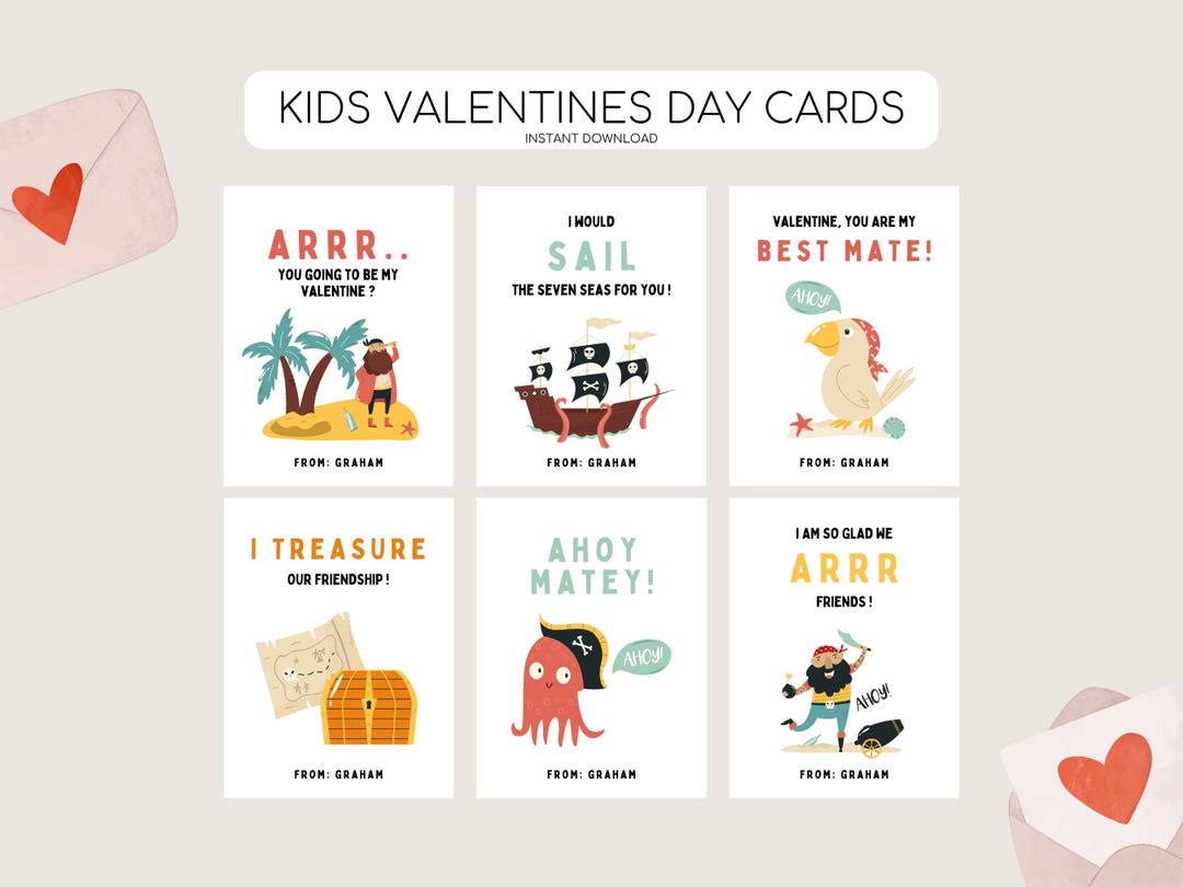 Kids Pirate Valentines Day Cards, Printable Valentines Day Tags, Kid ...
