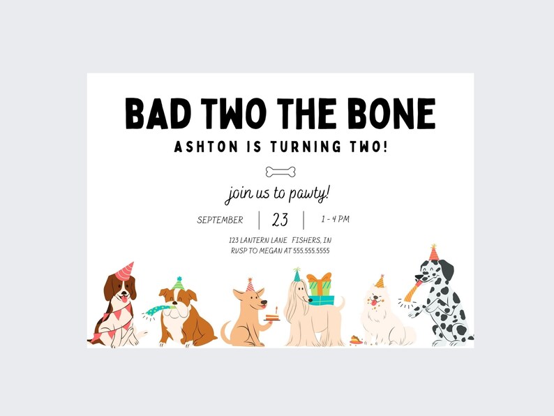 Bad Two the Bone Birthday Invitation Puppy Pawty 2nd - Etsy