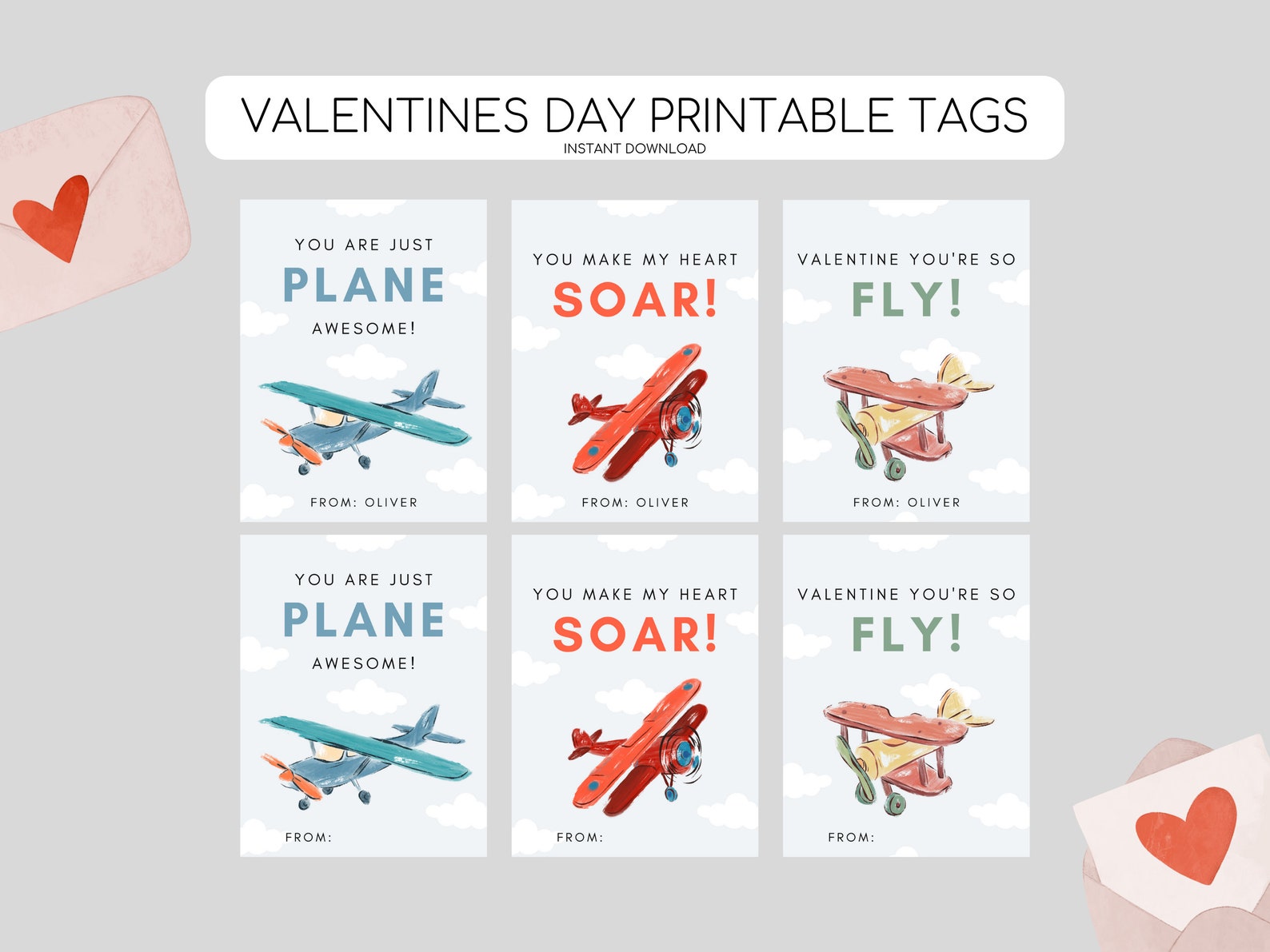 Kids Airplane Valentines Day Cards, Printable Plane Day Tags, Kid Vday ...