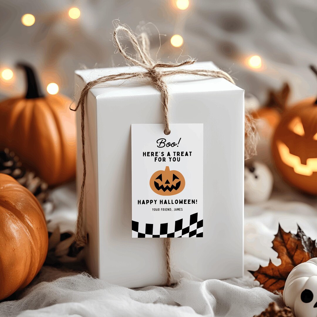 Modern Halloween Tag, Pumpkin Checkered Halloween Treat Tag, Halloween ...