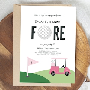 Girl Golf Fore Birthday Invitation, Girl Golf 4th Birthday Invite, Pink ...