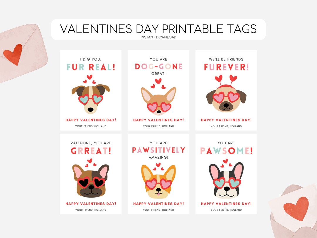 Kids Dog Valentines Day Cards, Printable Valentines Day Tags, Kid Vday ...