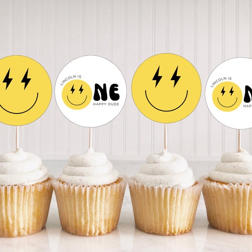 One Happy Dude Cupcake Toppers Boy 1st Birthday Smiley Face - Etsy