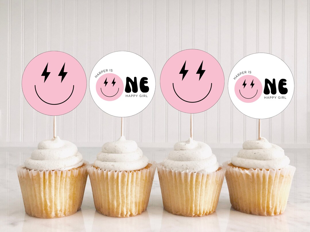 One Happy Girl Cupcake Toppers, Pink Smiley Face First Birthday ...
