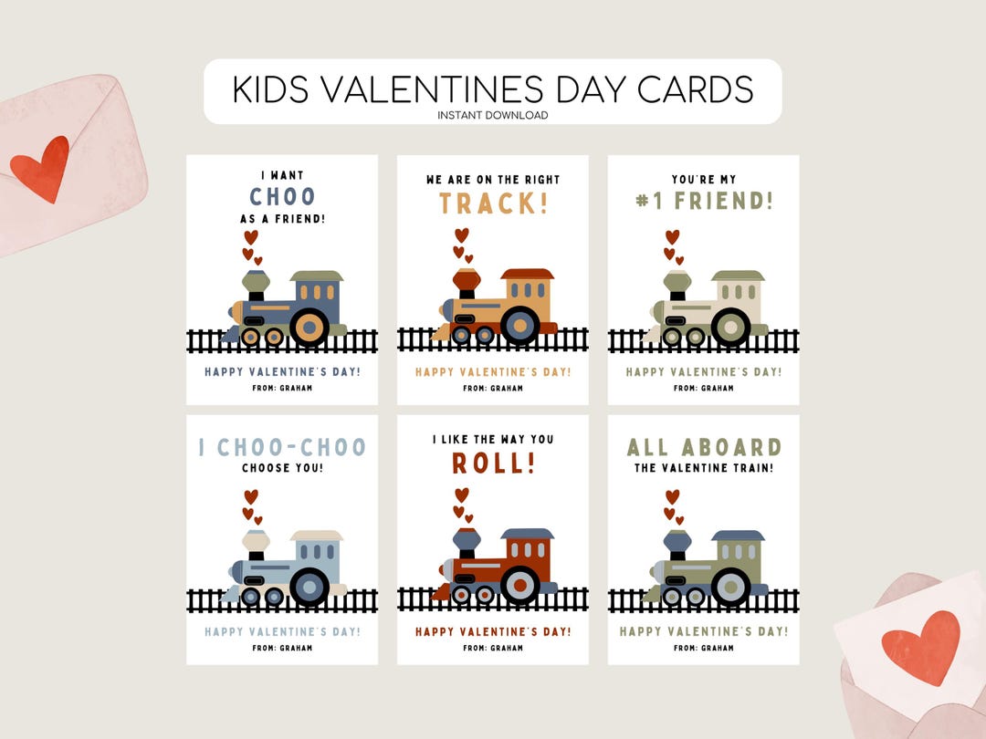 Kids Train Valentines Day Cards, Printable Valentines Day Tags, Kid ...
