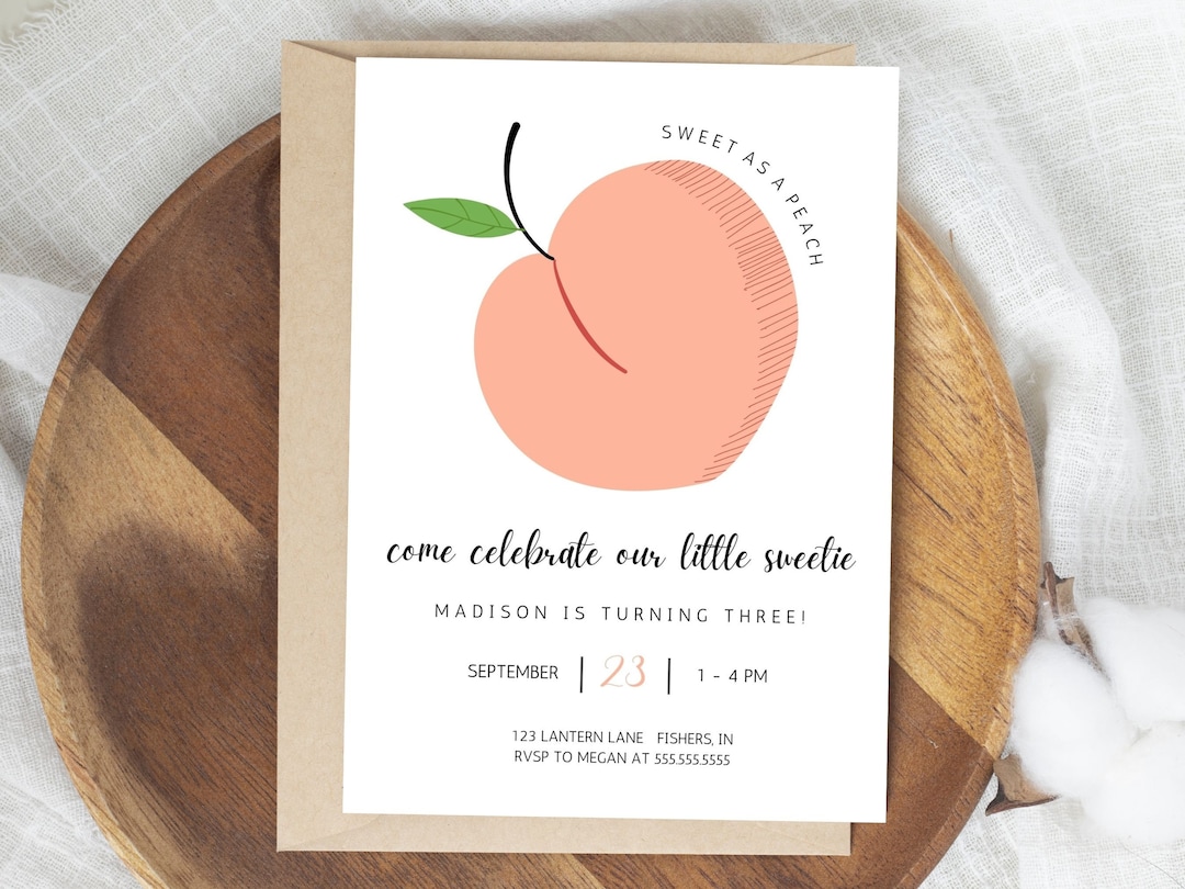 Peach Birthday Party Invitation, Peach Third Birthday Invite, Sweet as ...